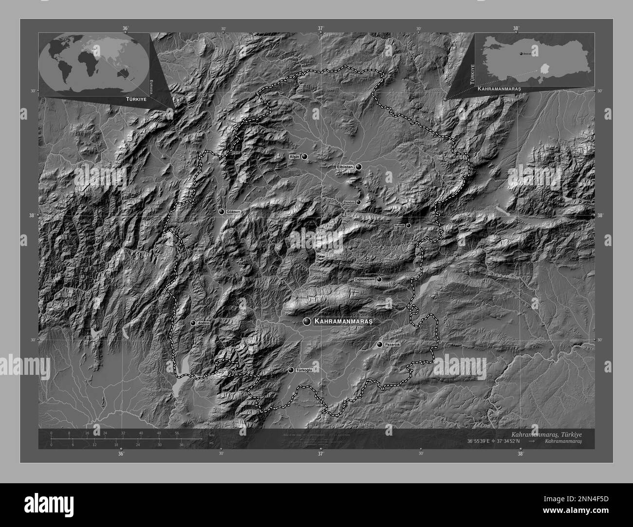Kahramanmaras, province of Turkiye. Bilevel elevation map with lakes ...