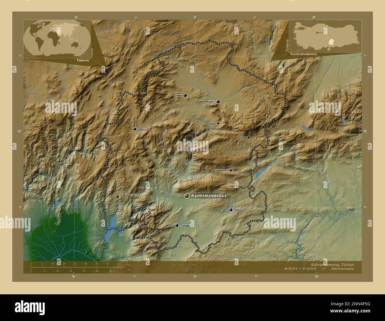 Kahramanmaras, province of Turkiye. Colored elevation map with lakes ...