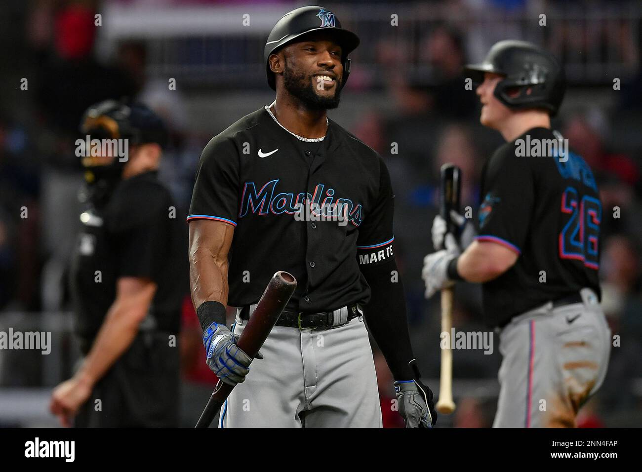 ATLANTA, GA – JULY 02: Miami center fielder Starling Marte (6) reacts ...