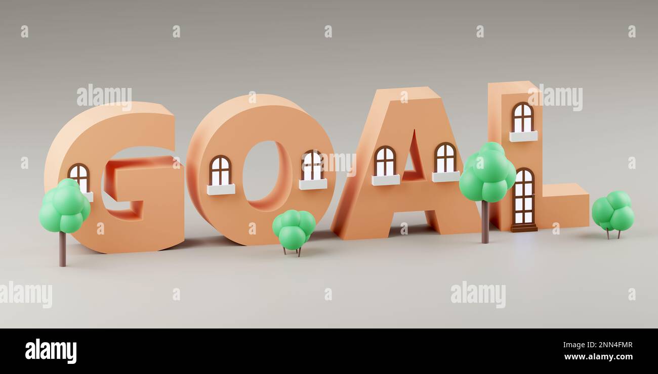 Sign goal tiny houses with windows and trees inscription goal on grey ...