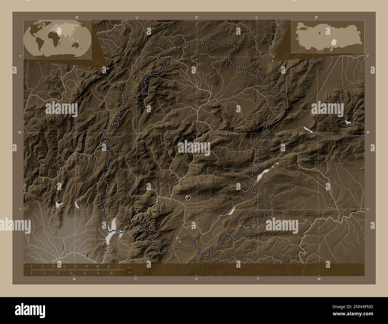 Kahramanmaras, province of Turkiye. Elevation map colored in sepia ...