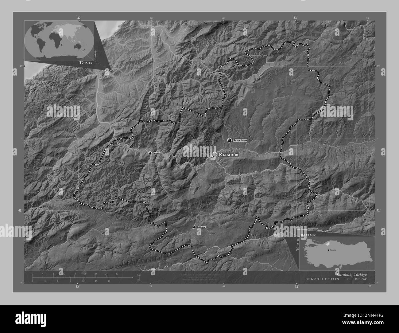 Karabuk, province of Turkiye. Grayscale elevation map with lakes and ...