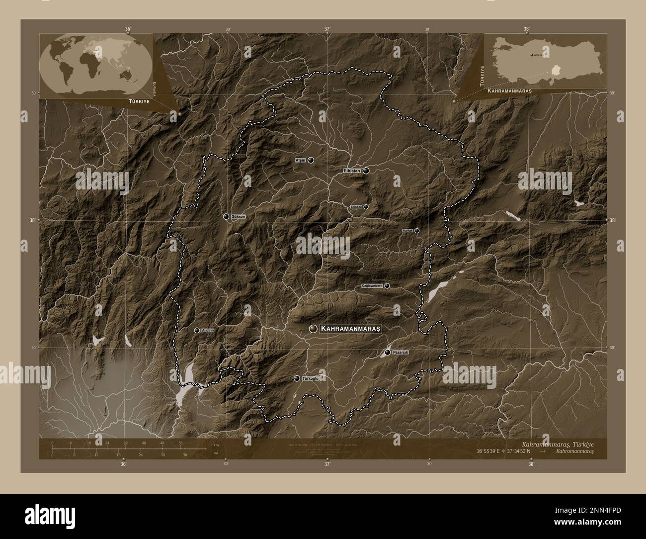 Kahramanmaras, province of Turkiye. Elevation map colored in sepia ...