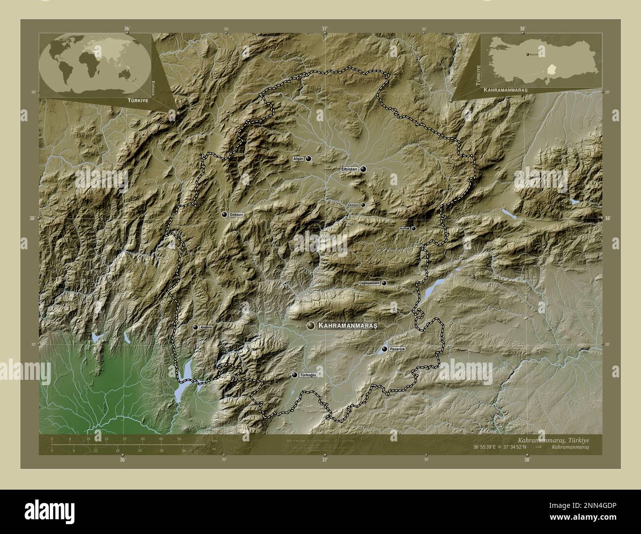 Kahramanmaras, province of Turkiye. Elevation map colored in wiki style ...