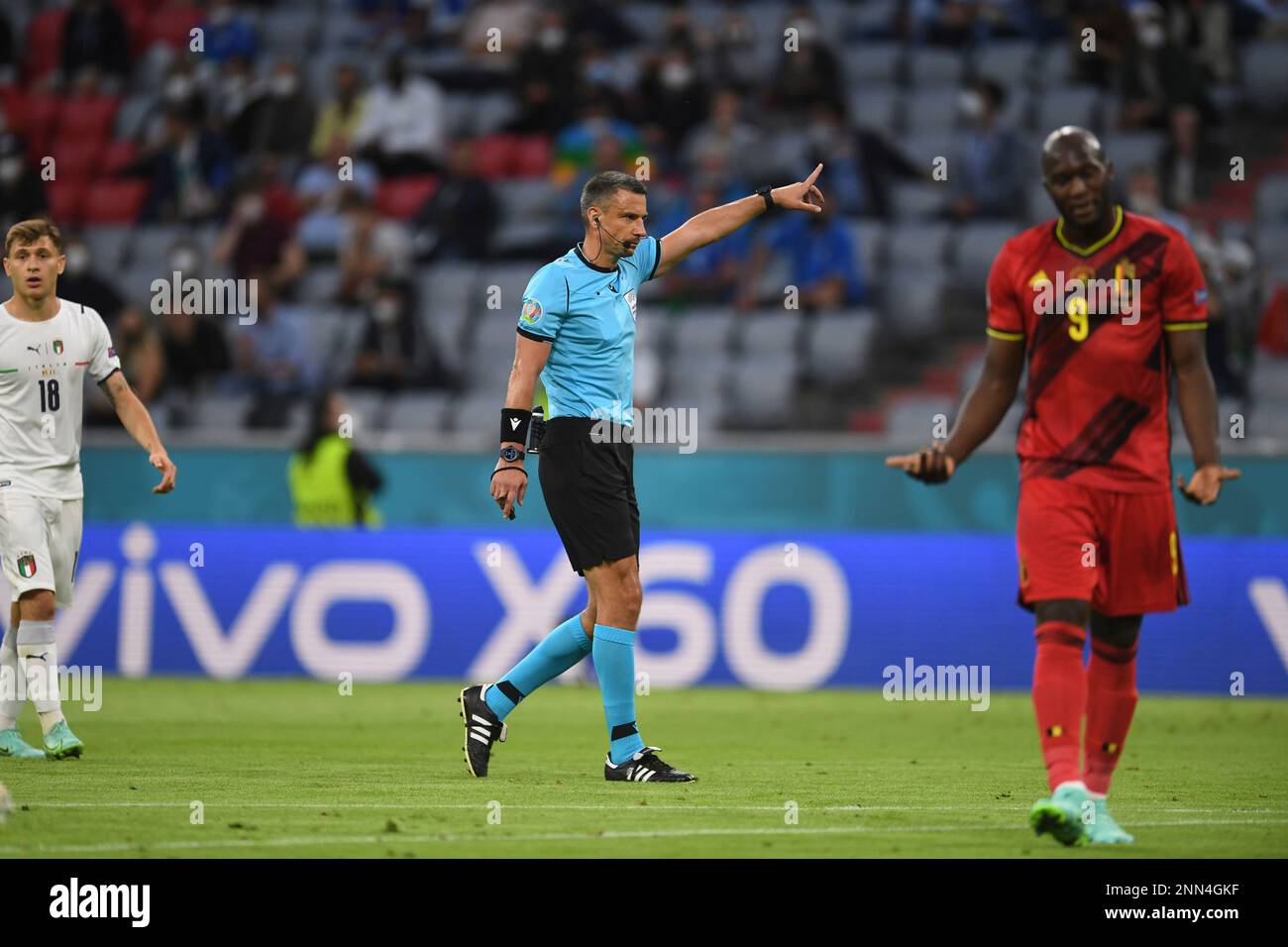 The referee gestures during a Euro 2020 soccer championship ...