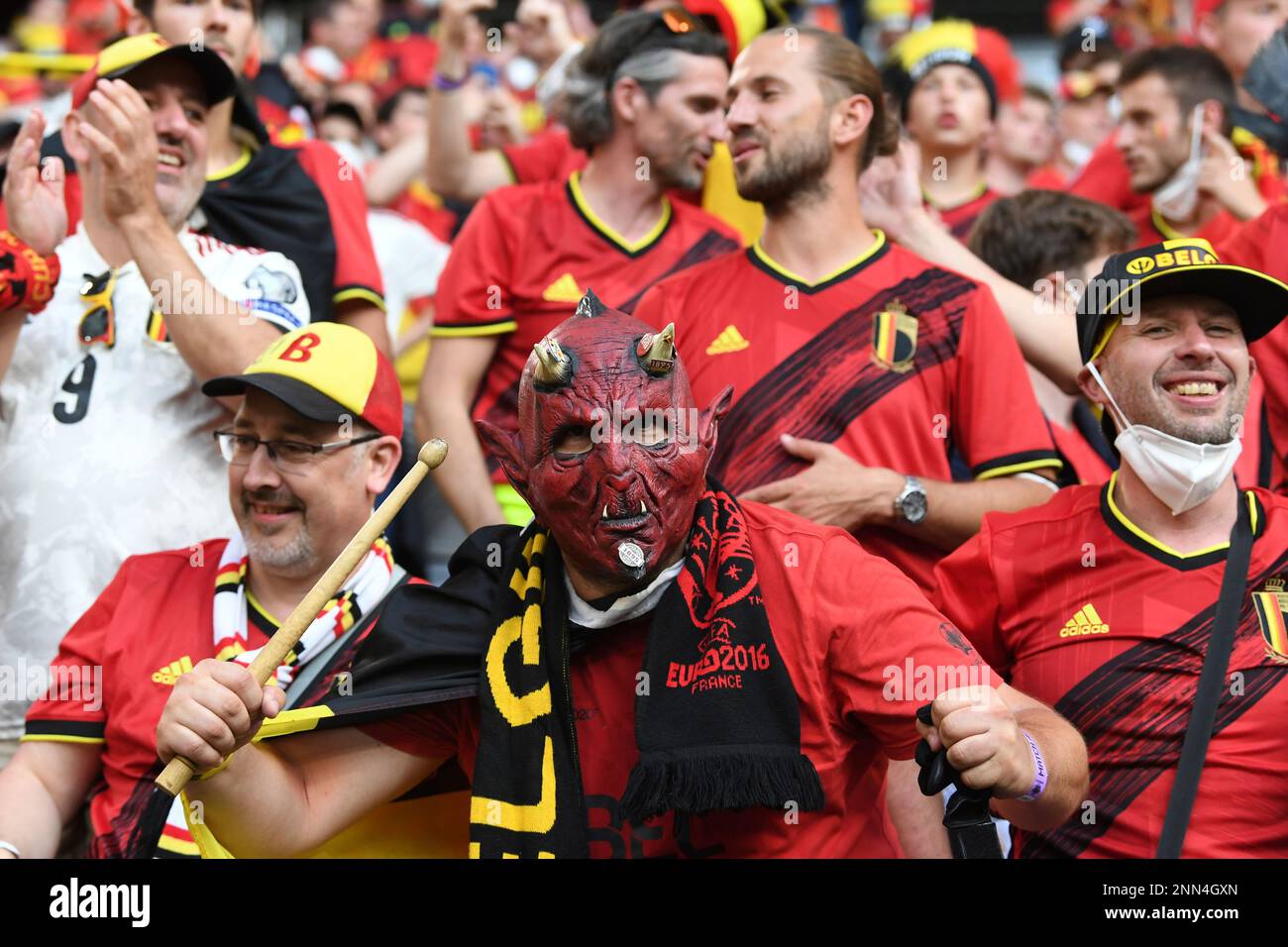 Belgian fans pose before a Euro 2020 soccer championship quarterfinal ...