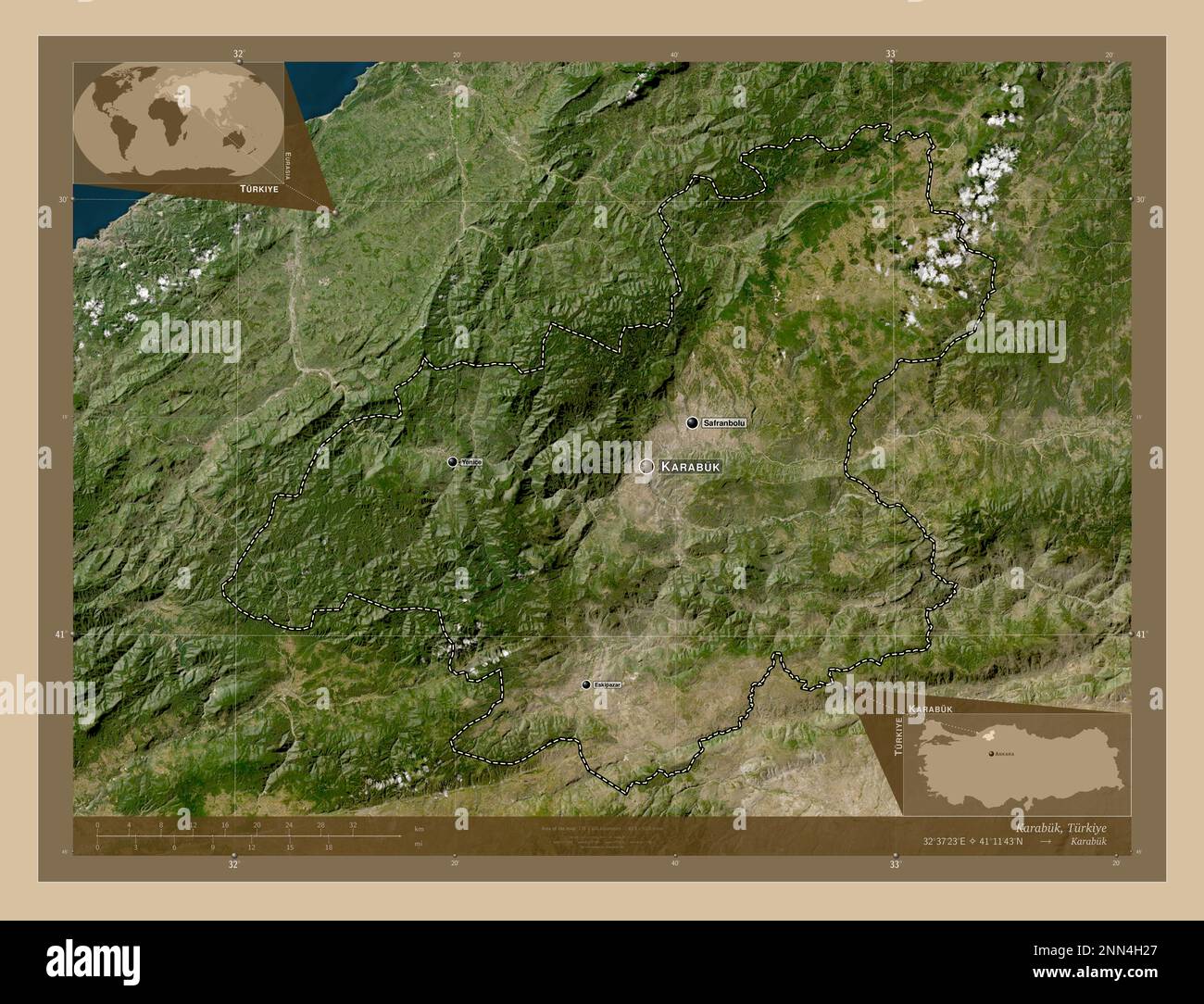 Karabuk, province of Turkiye. Low resolution satellite map. Locations ...