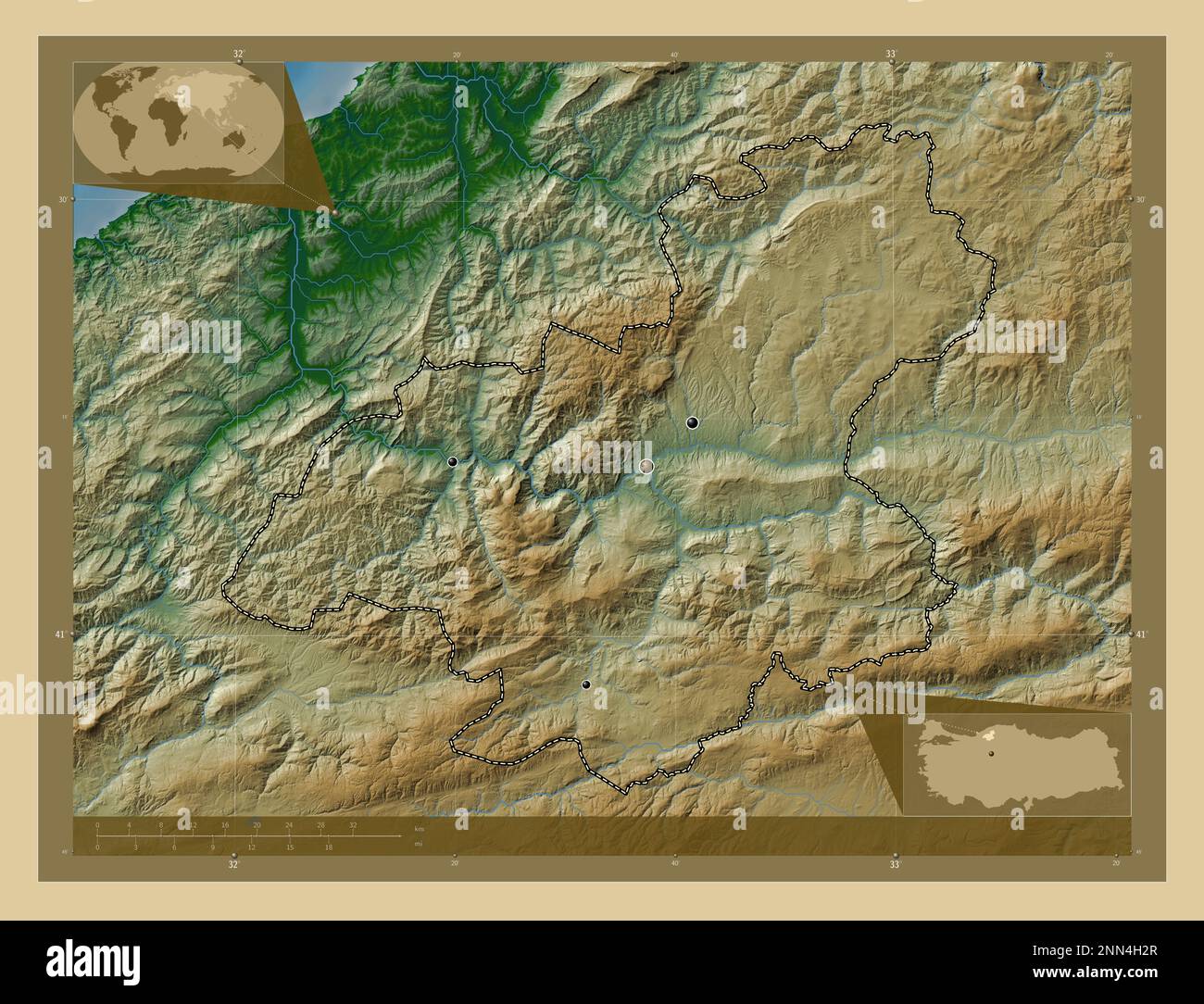 Karabuk, province of Turkiye. Colored elevation map with lakes and ...