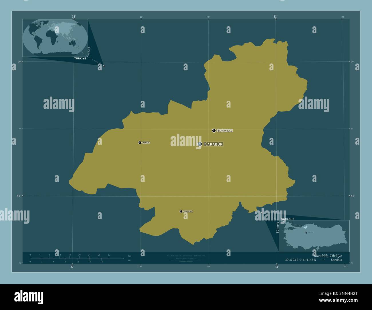 Karabuk, province of Turkiye. Solid color shape. Locations and names of ...