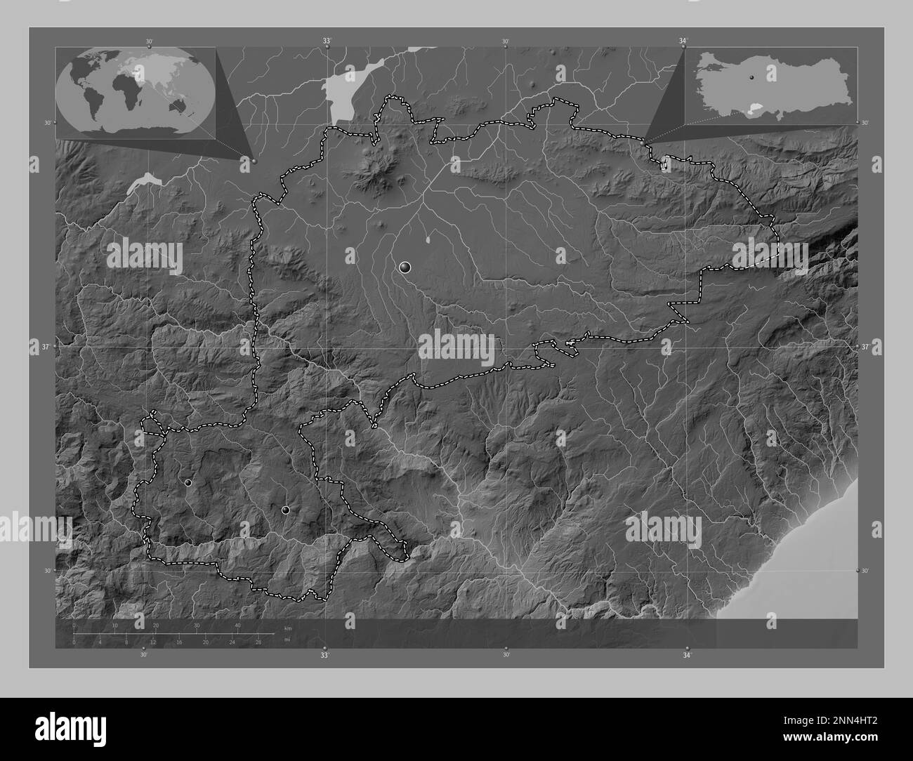 Karaman, province of Turkiye. Grayscale elevation map with lakes and ...