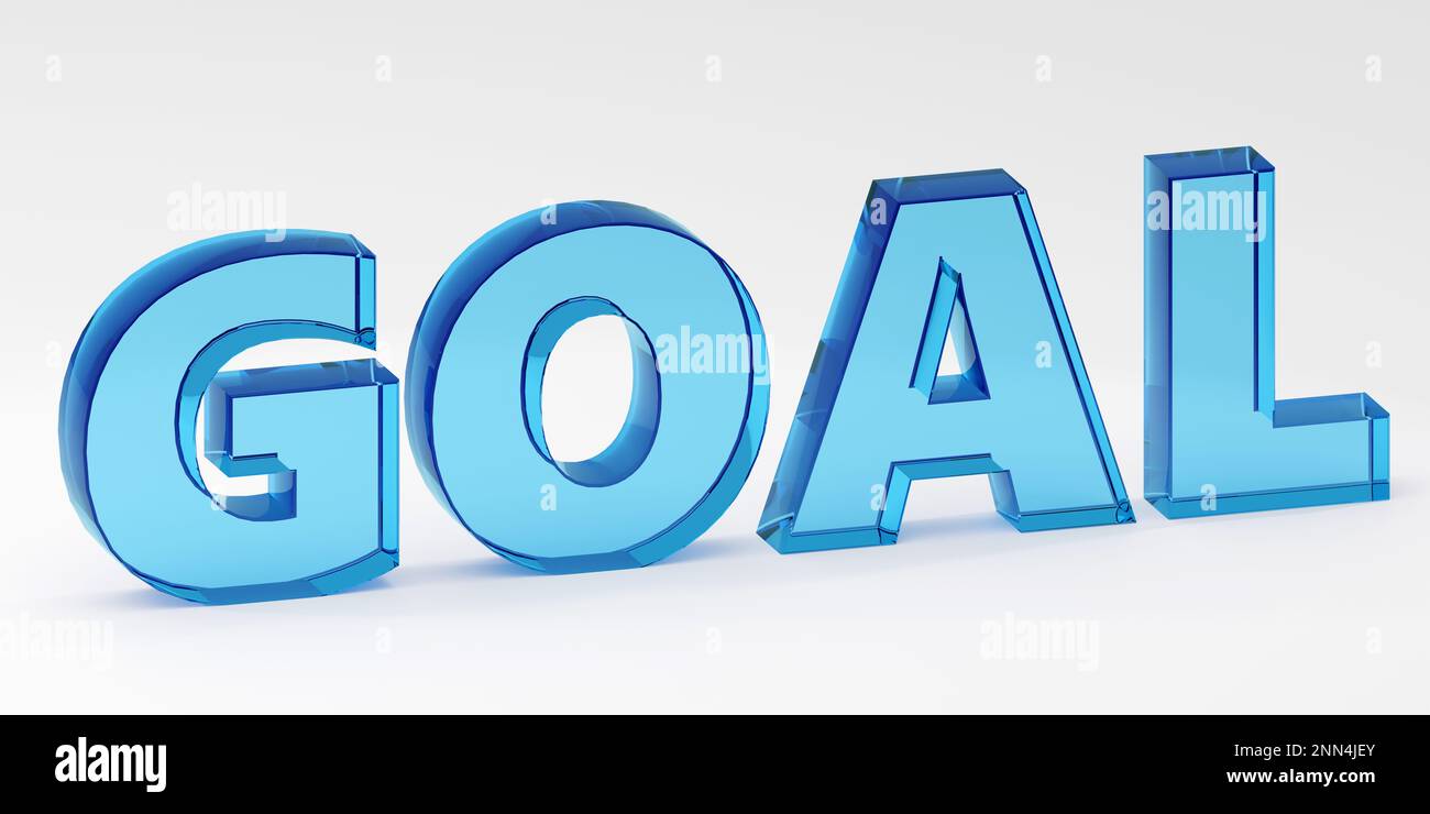 Luxury blue glass inscription goal on grey podium, soft light, front ...