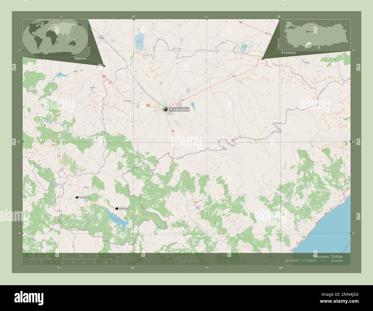 Karaman, province of Turkiye. Open Street Map. Locations and names of ...