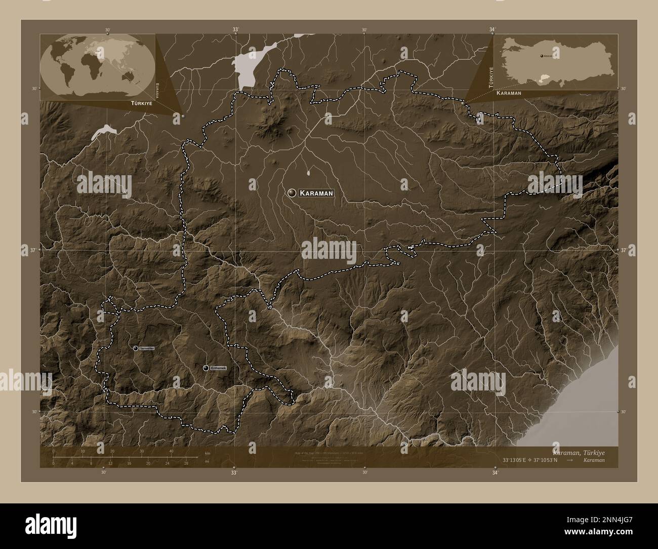 Karaman, province of Turkiye. Elevation map colored in sepia tones with ...