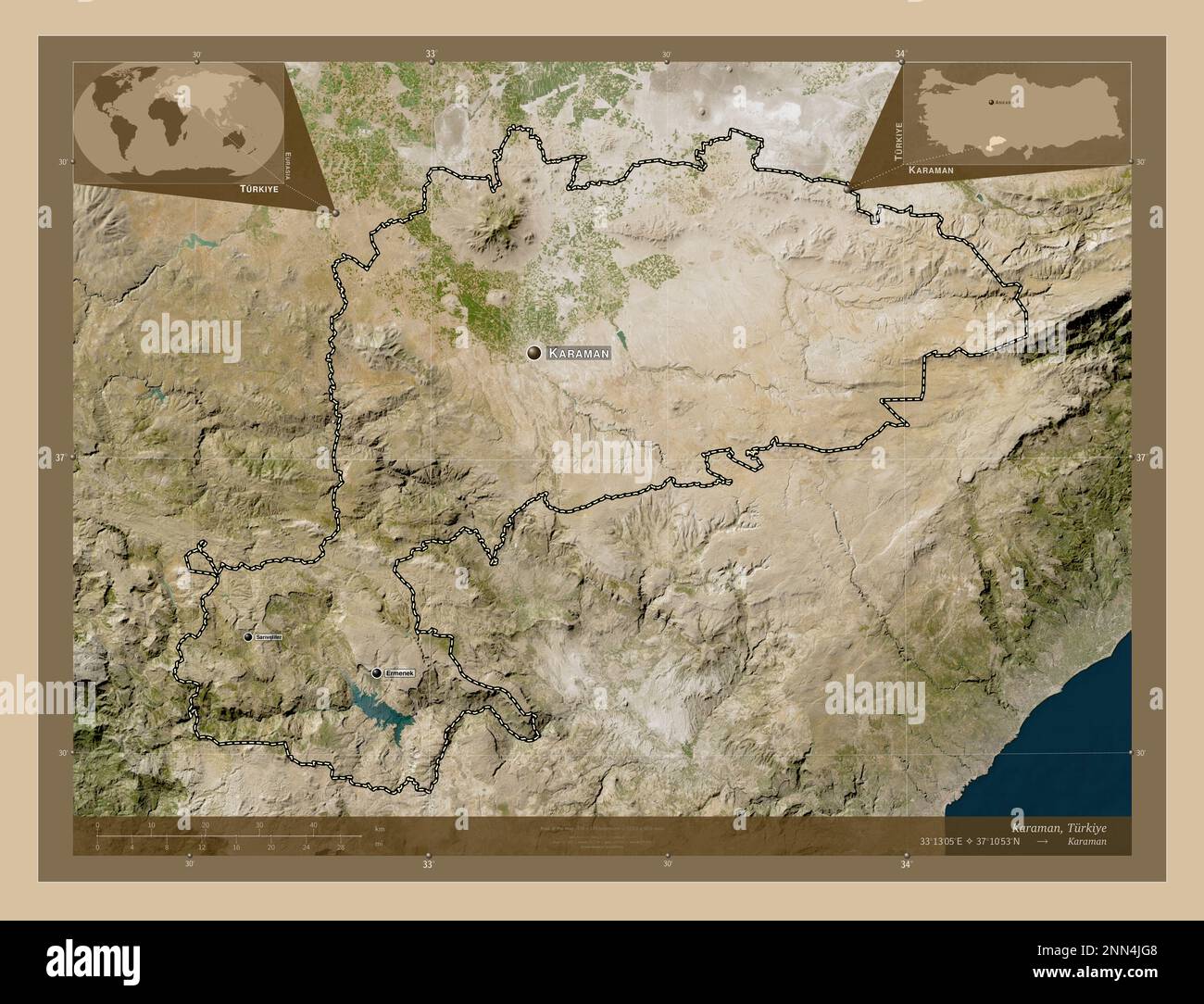 Karaman, province of Turkiye. Low resolution satellite map. Locations ...