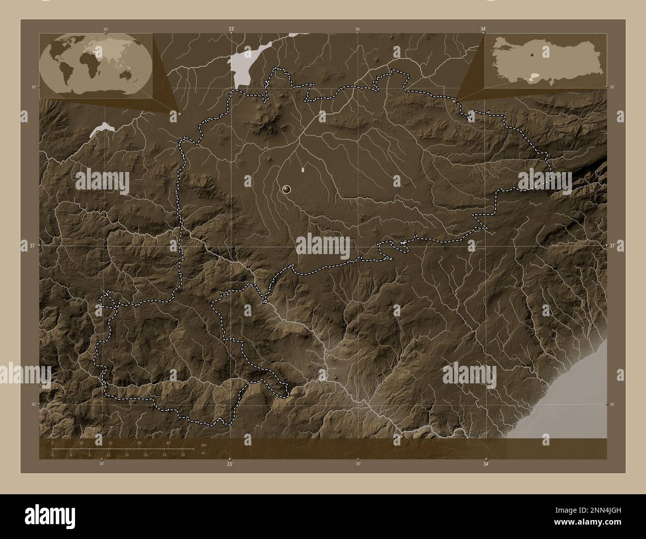Karaman, province of Turkiye. Elevation map colored in sepia tones with ...