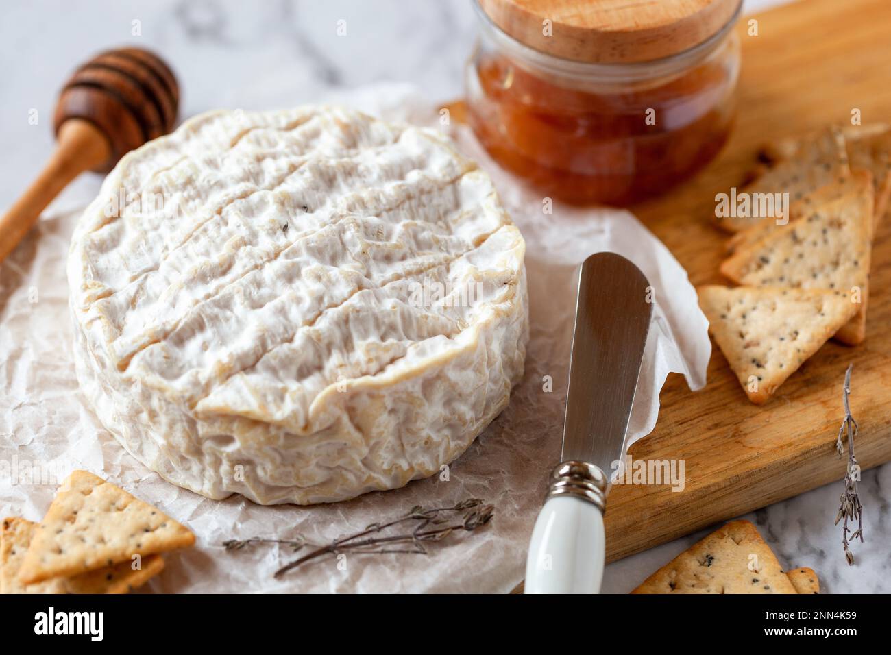 camembert soft french cheese served with liquid honey and crackers ...