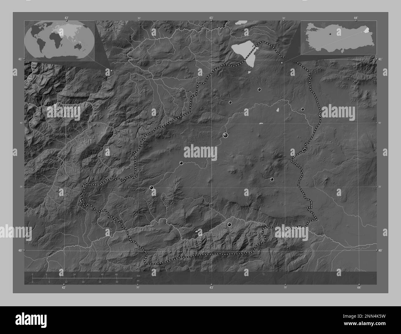 Kars, province of Turkiye. Grayscale elevation map with lakes and ...