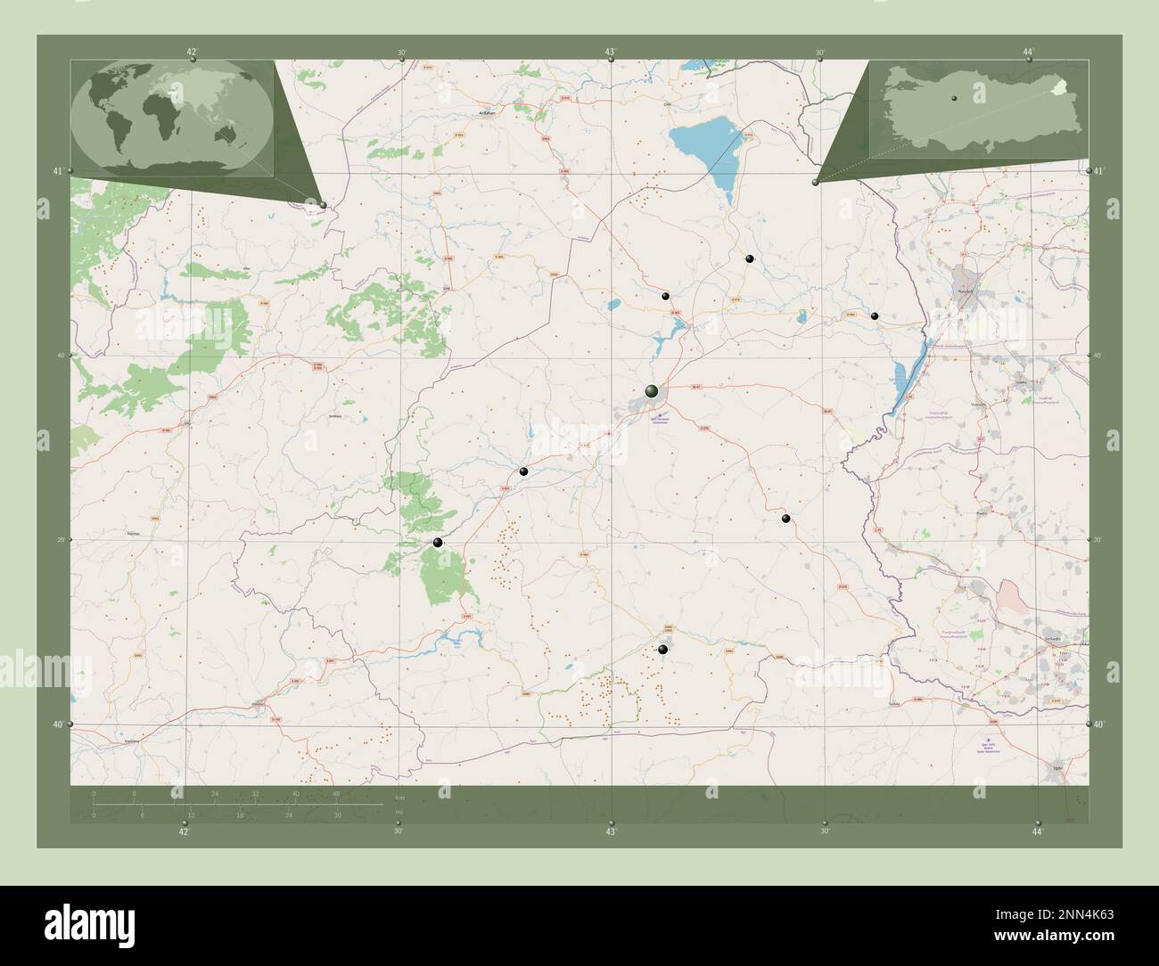 Kars, province of Turkiye. Open Street Map. Locations of major cities ...