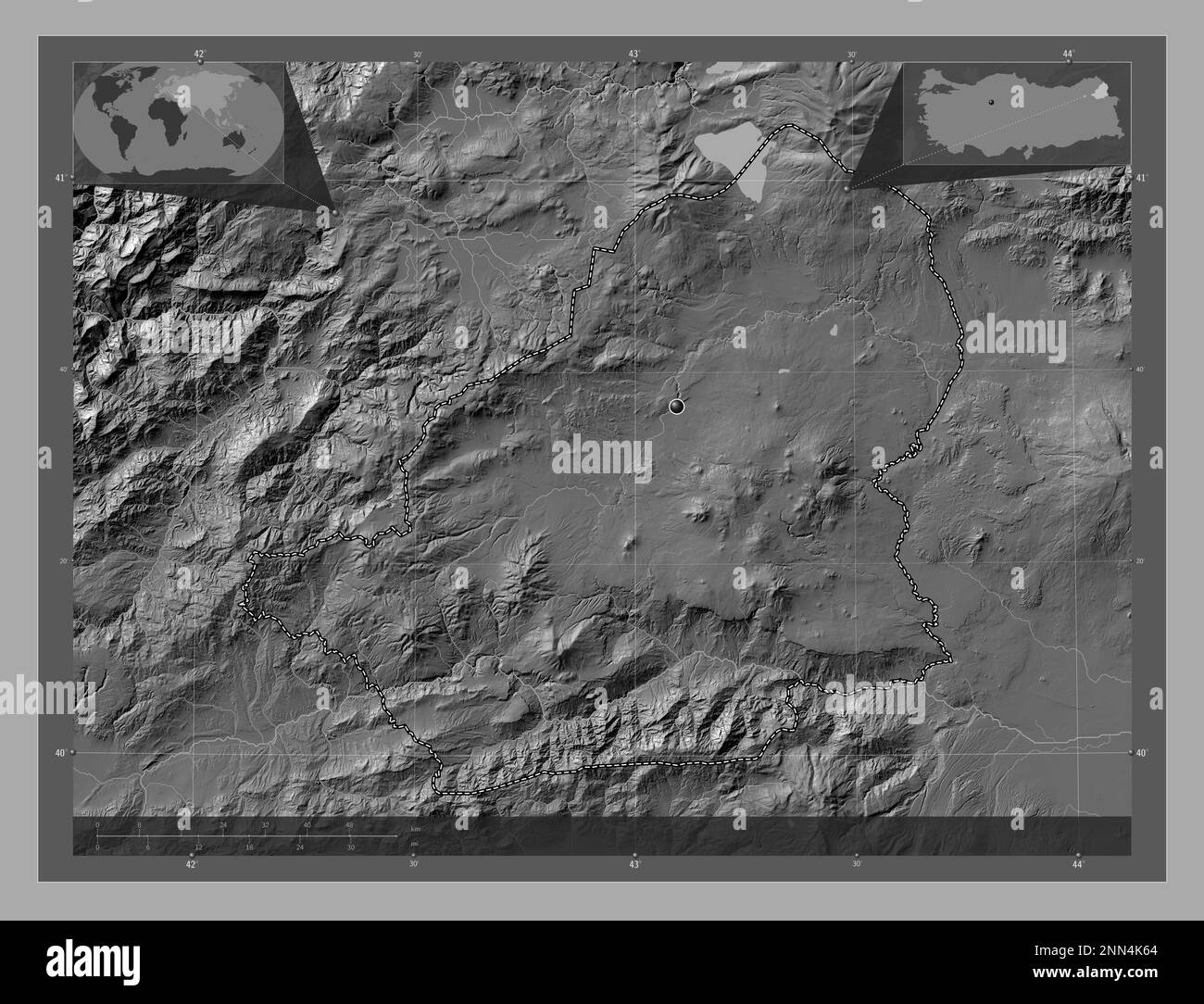 Kars, province of Turkiye. Bilevel elevation map with lakes and rivers ...