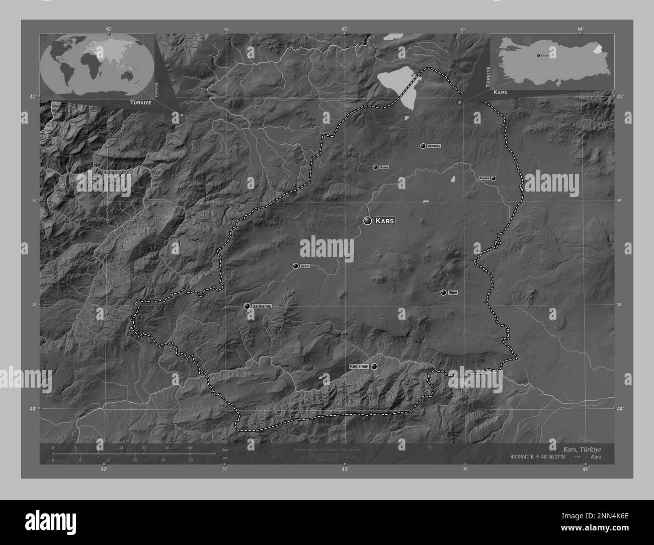 Kars, province of Turkiye. Grayscale elevation map with lakes and ...