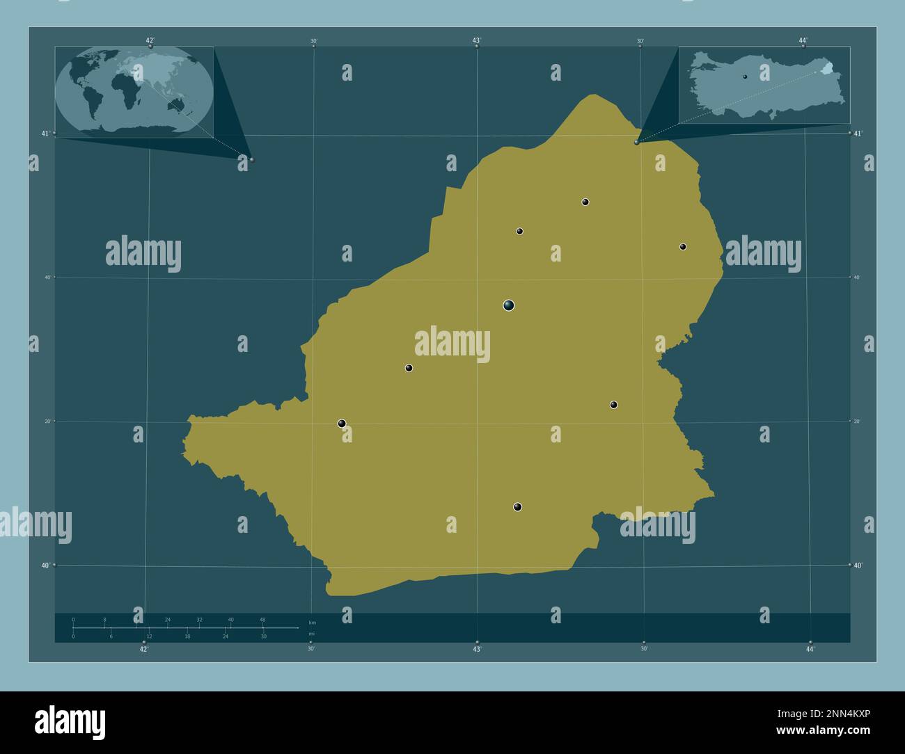 Kars, province of Turkiye. Solid color shape. Locations of major cities ...