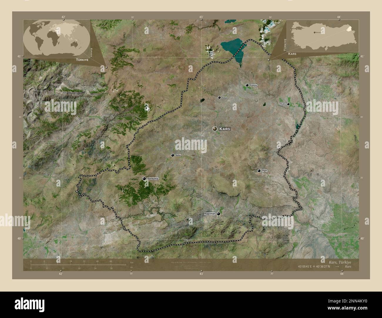 Kars, province of Turkiye. High resolution satellite map. Locations and ...