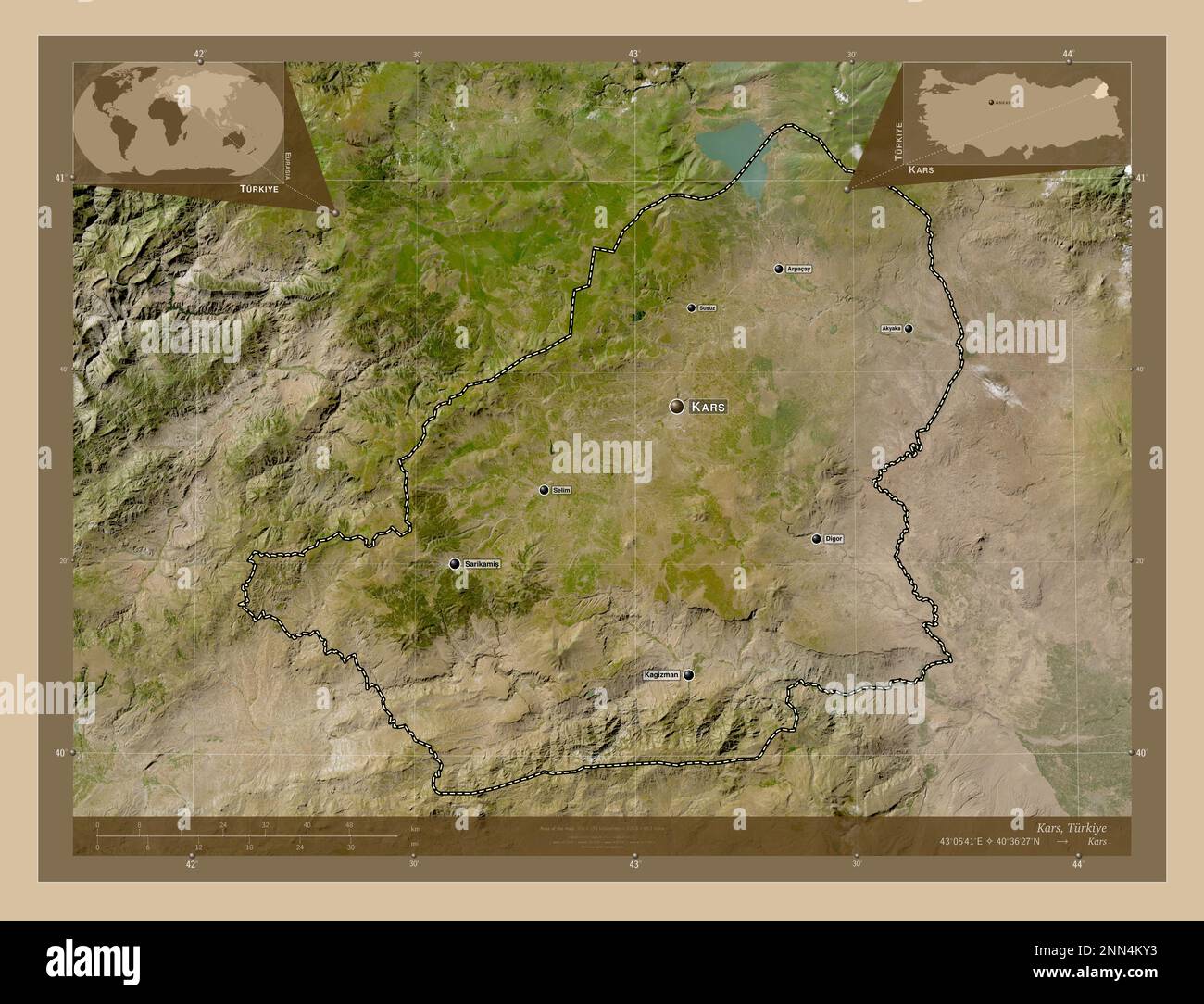 Kars, province of Turkiye. Low resolution satellite map. Locations and ...