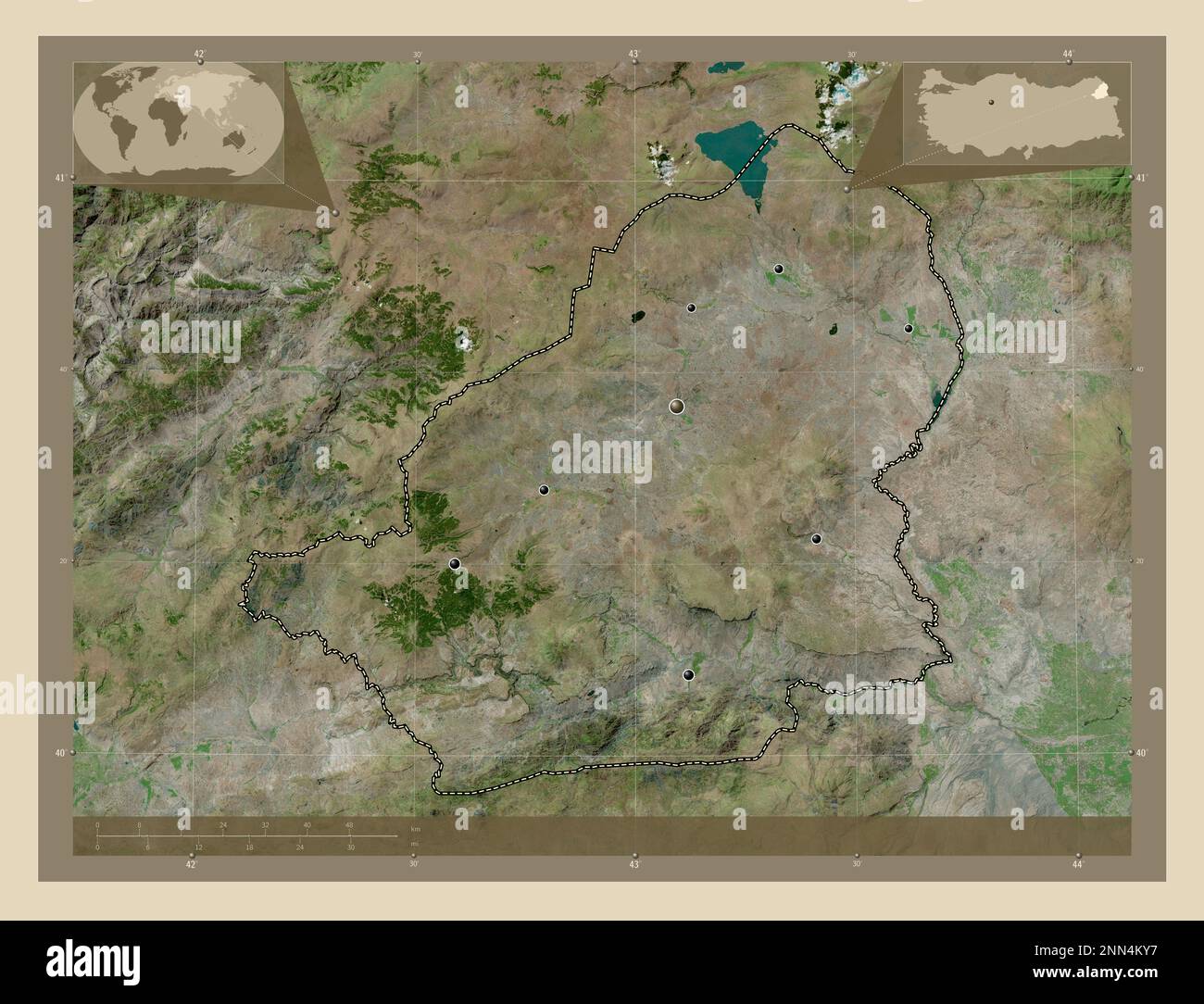 Kars, province of Turkiye. High resolution satellite map. Locations of ...