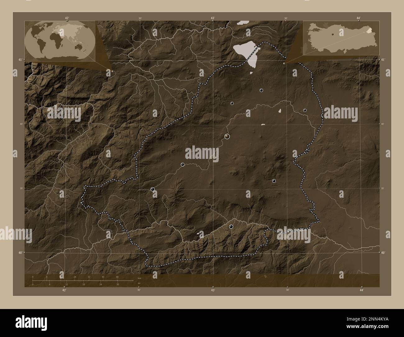 Kars, province of Turkiye. Elevation map colored in sepia tones with ...
