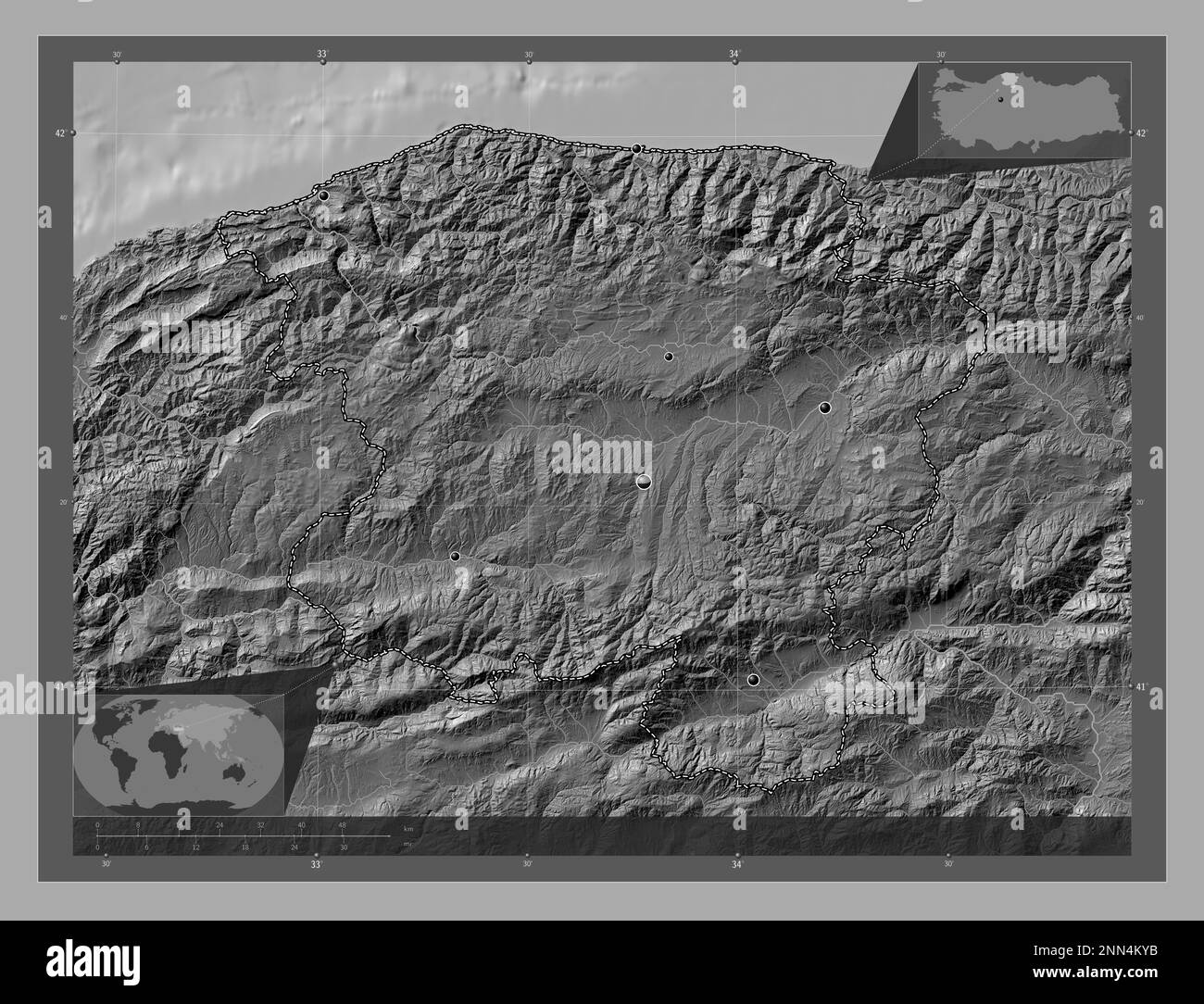 Kastamonu, province of Turkiye. Bilevel elevation map with lakes and ...