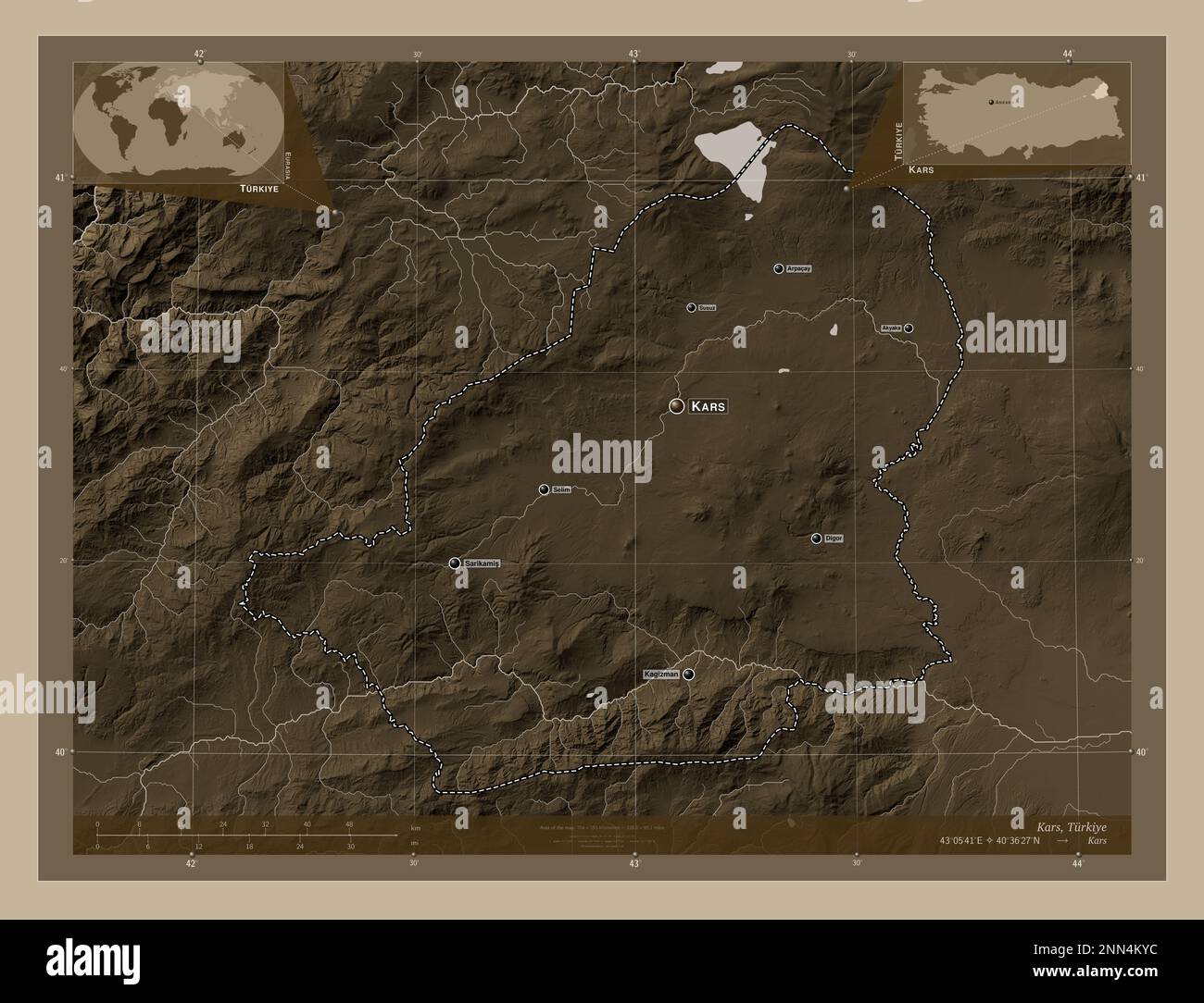Kars, province of Turkiye. Elevation map colored in sepia tones with ...