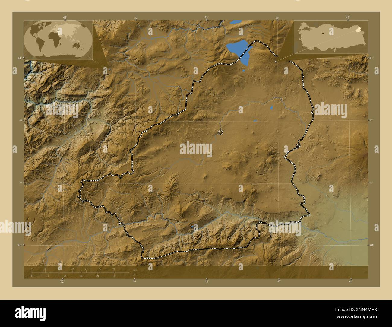 Kars, province of Turkiye. Colored elevation map with lakes and rivers ...