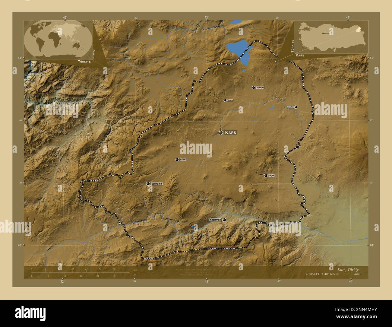 Kars, province of Turkiye. Colored elevation map with lakes and rivers ...