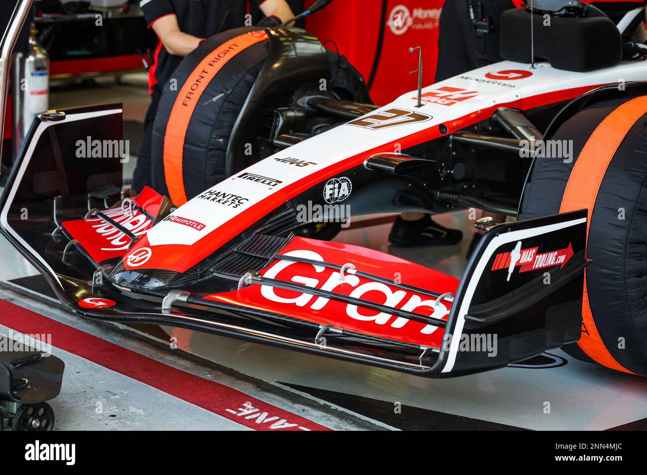 Haas F1 Team VF-23 Ferrari, Mechanical detail of the front wing during the Formula 1 Aramco pre ...