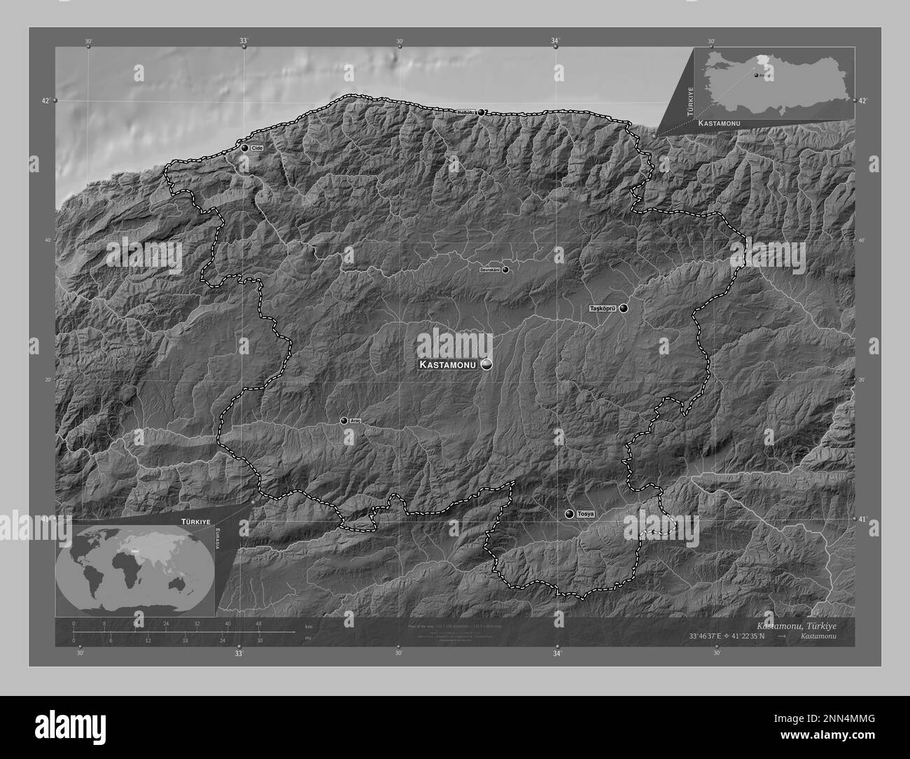 Kastamonu, province of Turkiye. Grayscale elevation map with lakes and ...