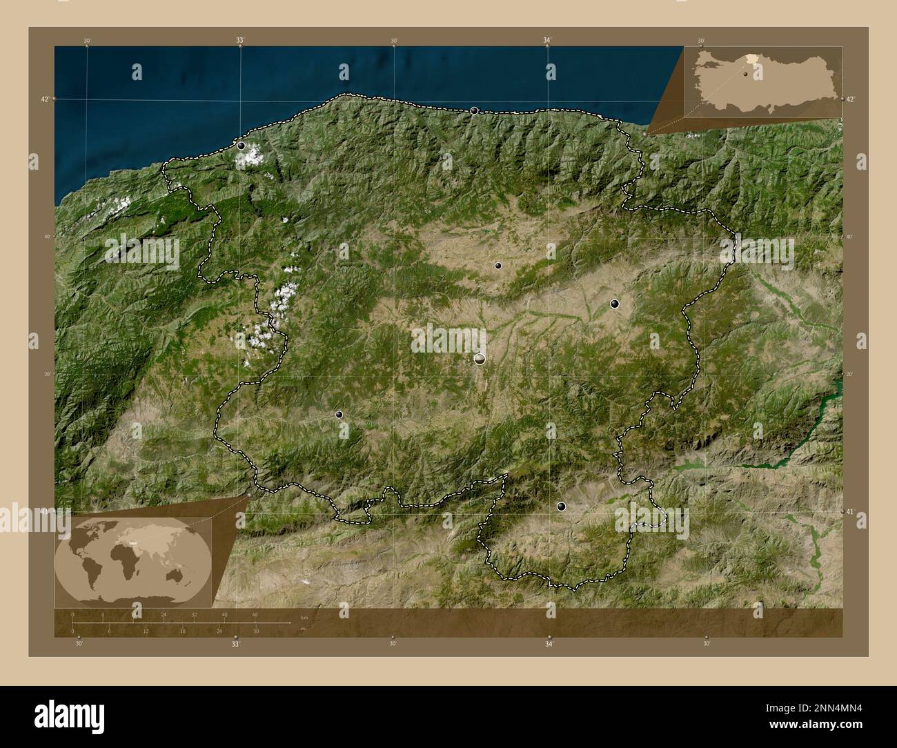 Kastamonu, province of Turkiye. Low resolution satellite map. Locations ...