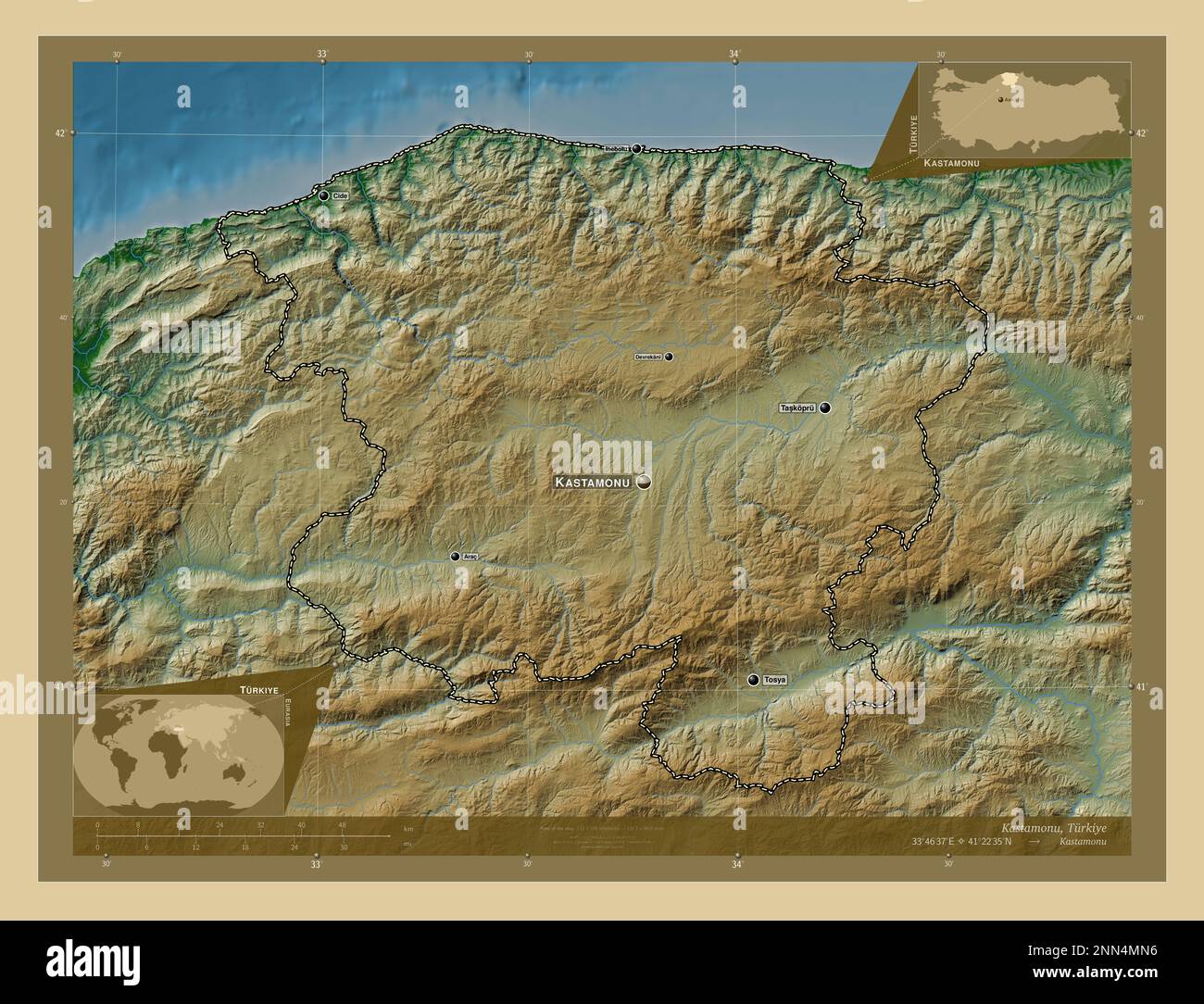 Kastamonu, province of Turkiye. Colored elevation map with lakes and ...