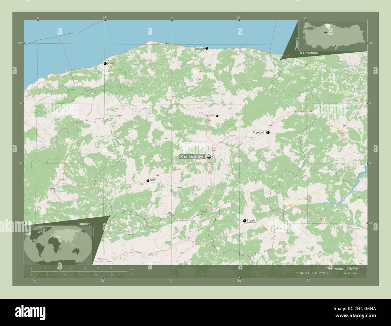 Kastamonu, province of Turkiye. Open Street Map. Locations and names of ...