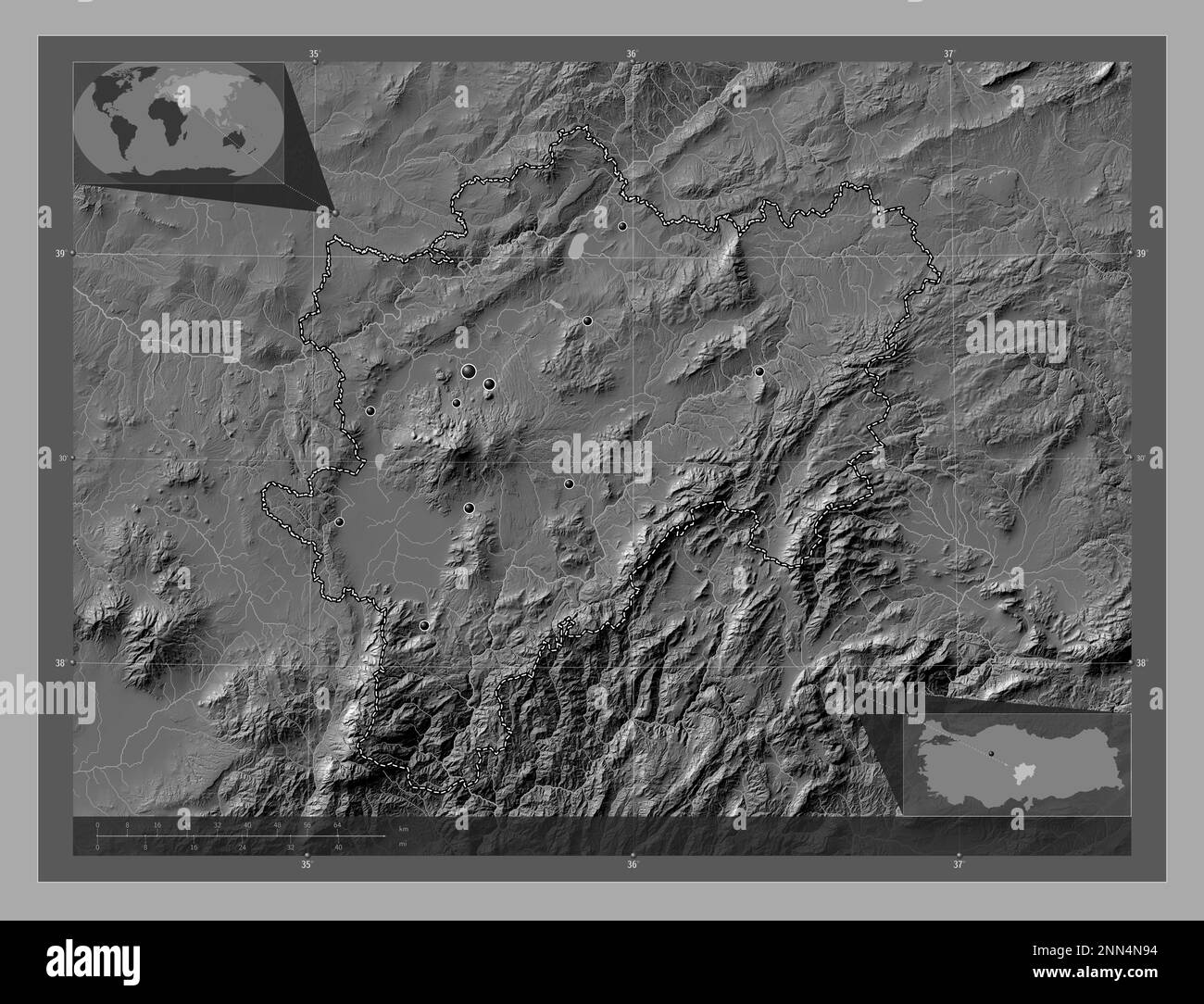 Kayseri, province of Turkiye. Bilevel elevation map with lakes and ...