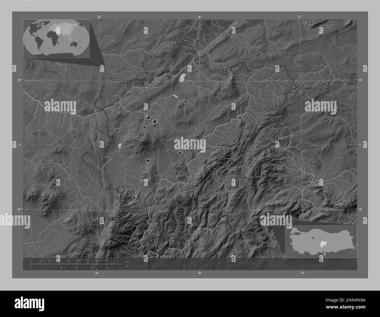 Kayseri, province of Turkiye. Grayscale elevation map with lakes and ...