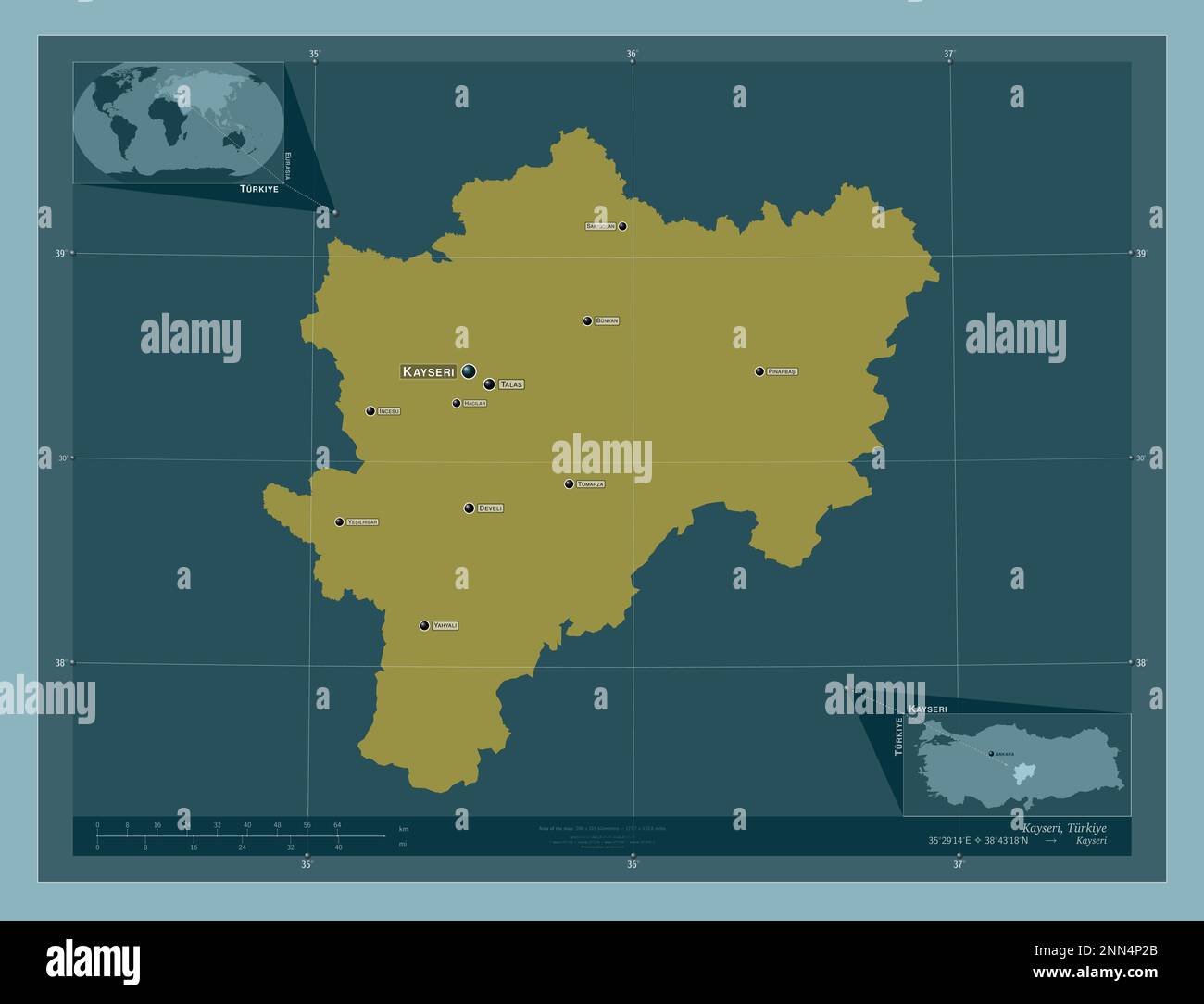 Kayseri, province of Turkiye. Solid color shape. Locations and names of ...