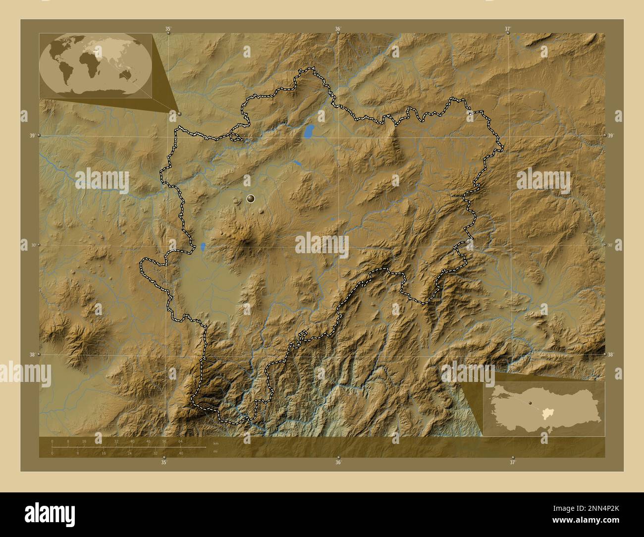 Kayseri, province of Turkiye. Colored elevation map with lakes and ...