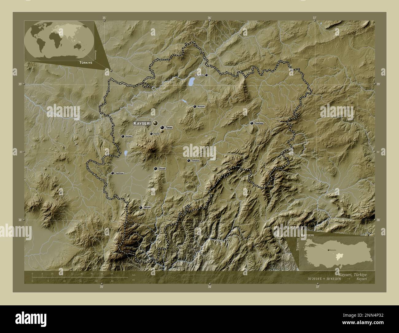 Kayseri, province of Turkiye. Elevation map colored in wiki style with ...