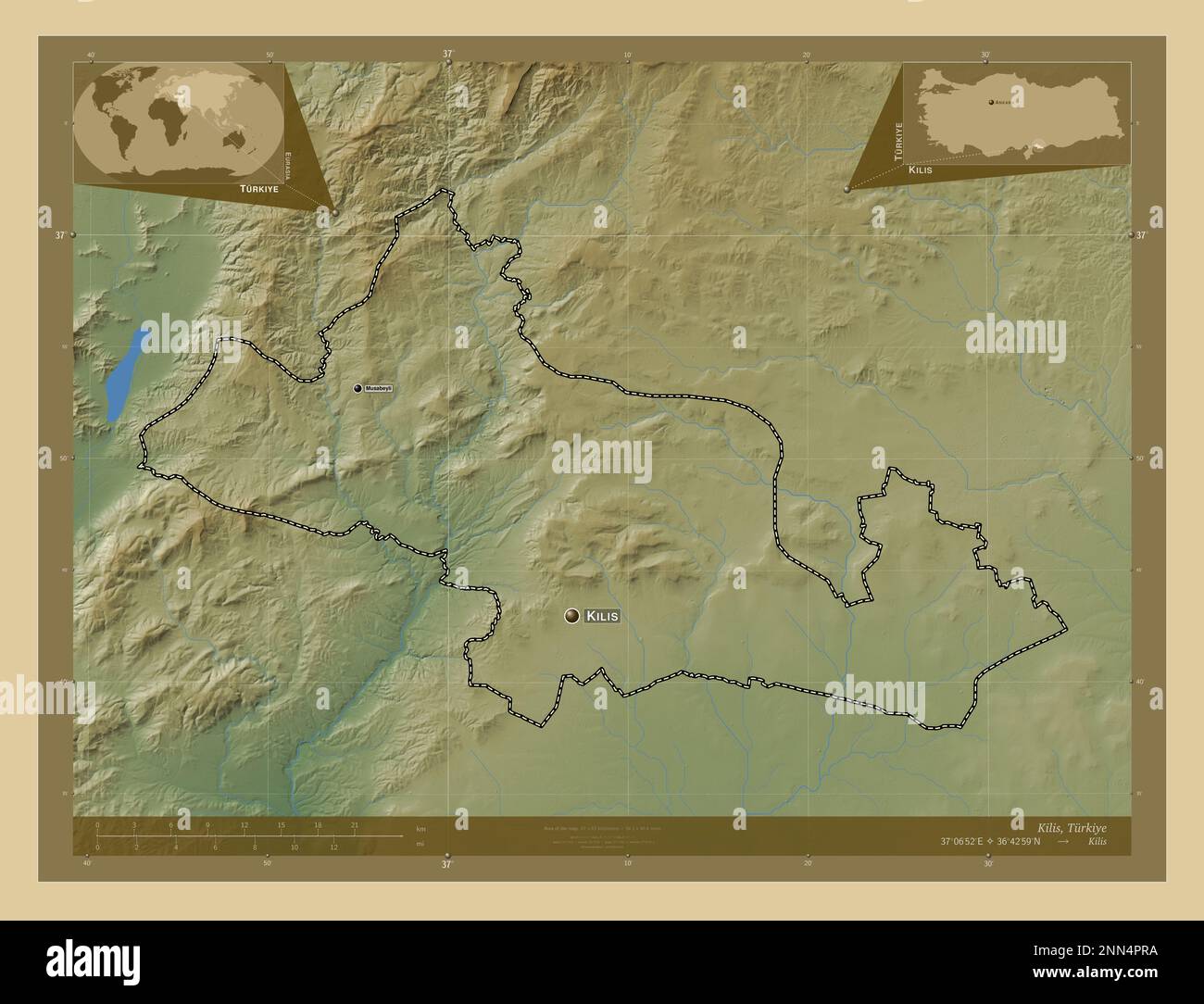 Kilis, province of Turkiye. Colored elevation map with lakes and rivers ...