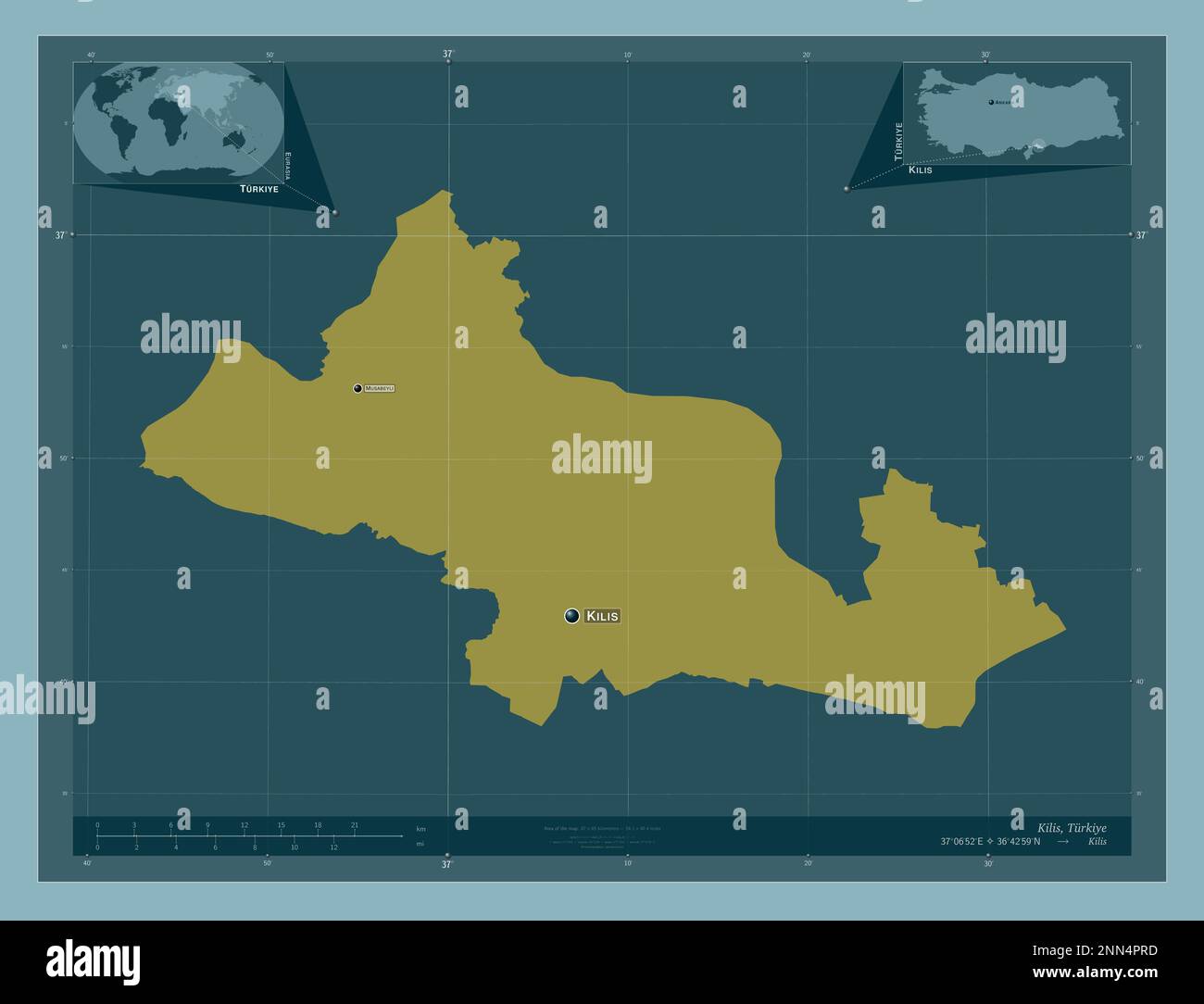 Kilis, province of Turkiye. Solid color shape. Locations and names of ...