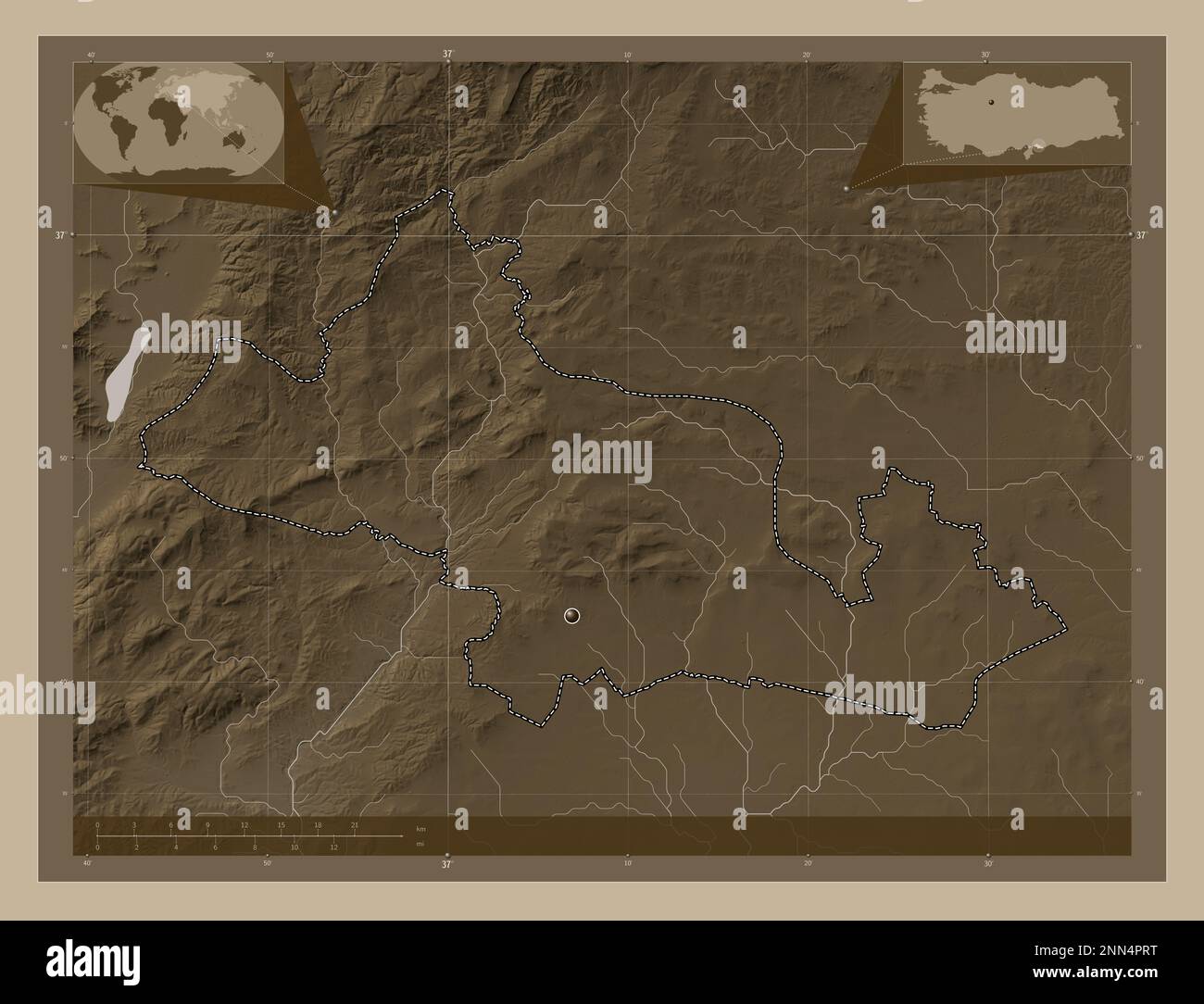 Kilis, province of Turkiye. Elevation map colored in sepia tones with ...