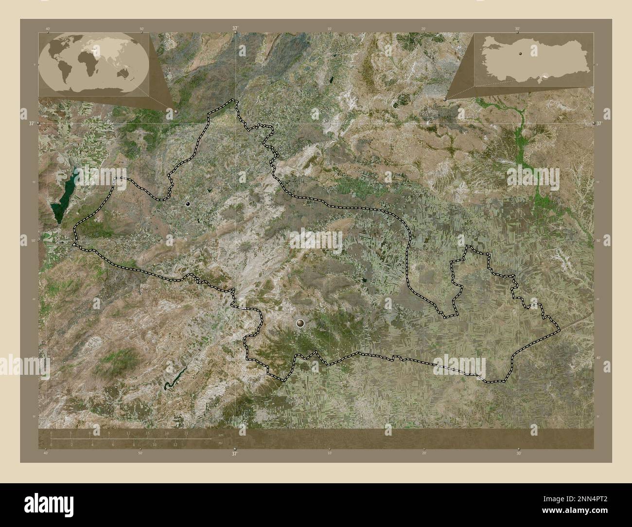 Kilis, province of Turkiye. High resolution satellite map. Locations of ...