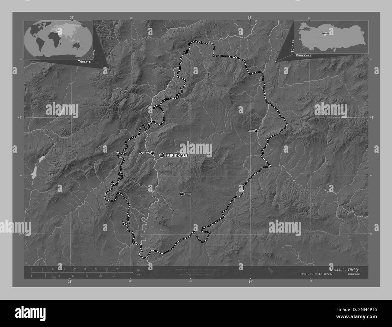 Krkkale, province of Turkiye. Grayscale elevation map with lakes and ...