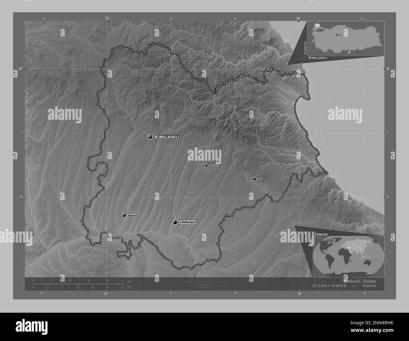 Kirklareli, province of Turkiye. Grayscale elevation map with lakes and ...