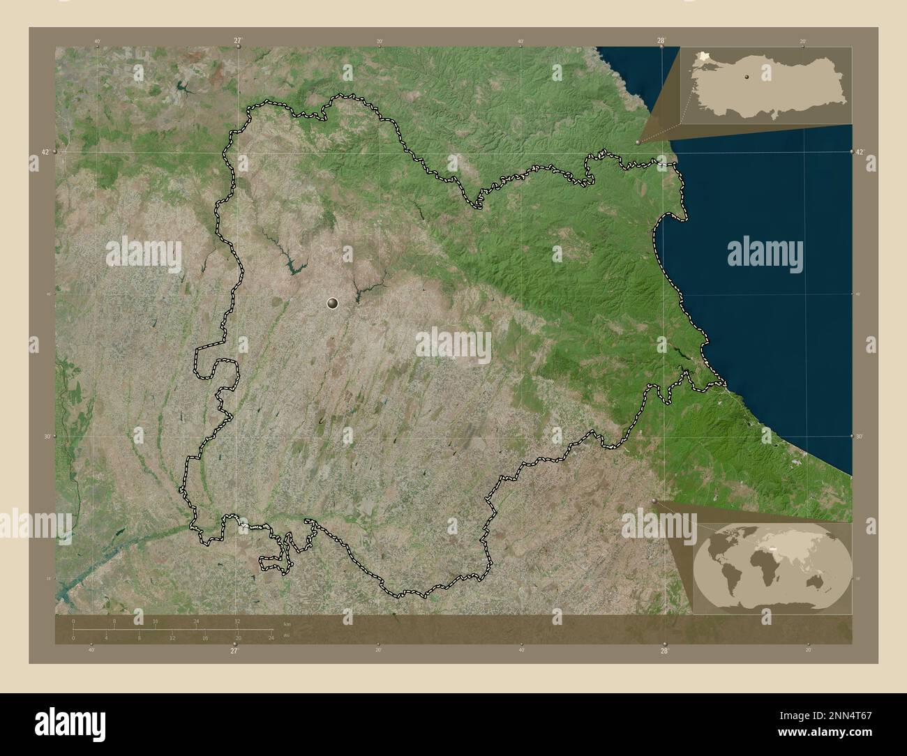 Kirklareli, province of Turkiye. High resolution satellite map. Corner ...